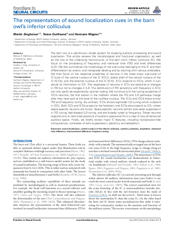 (PDF) The representation of sound localization cues in the barn owl's ...
