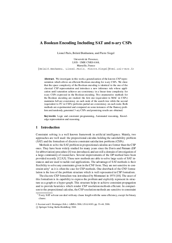 (PDF) A Boolean Encoding Including SAT and n-ary CSPs