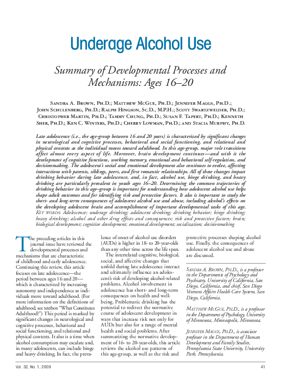 (PDF) Underage alcohol use: summary of developmental processes and mechanisms: ages 16-20
