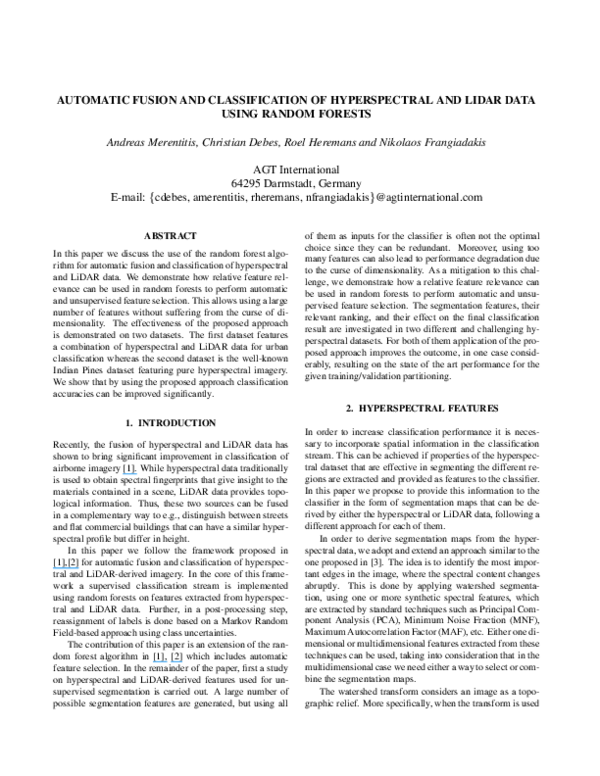 (PDF) Automatic fusion and classification of hyperspectral and LiDAR data using random forests