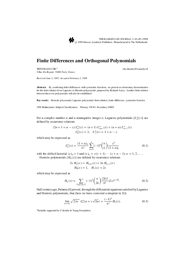 (PDF) Finite Differences and Orthogonal Polynomials