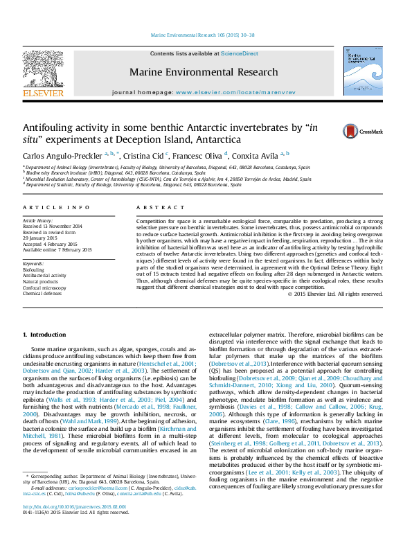 (PDF) Antifouling activity in some benthic Antarctic invertebrates by ...