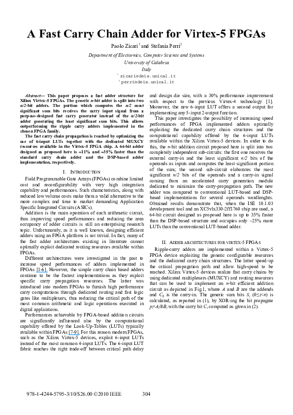 Pdf A Fast Carry Chain Adder For Virtex 5 Fpgas