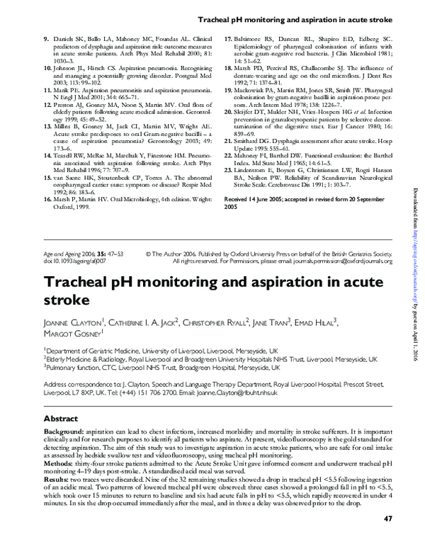 (PDF) Tracheal pH monitoring and aspiration in acute stroke