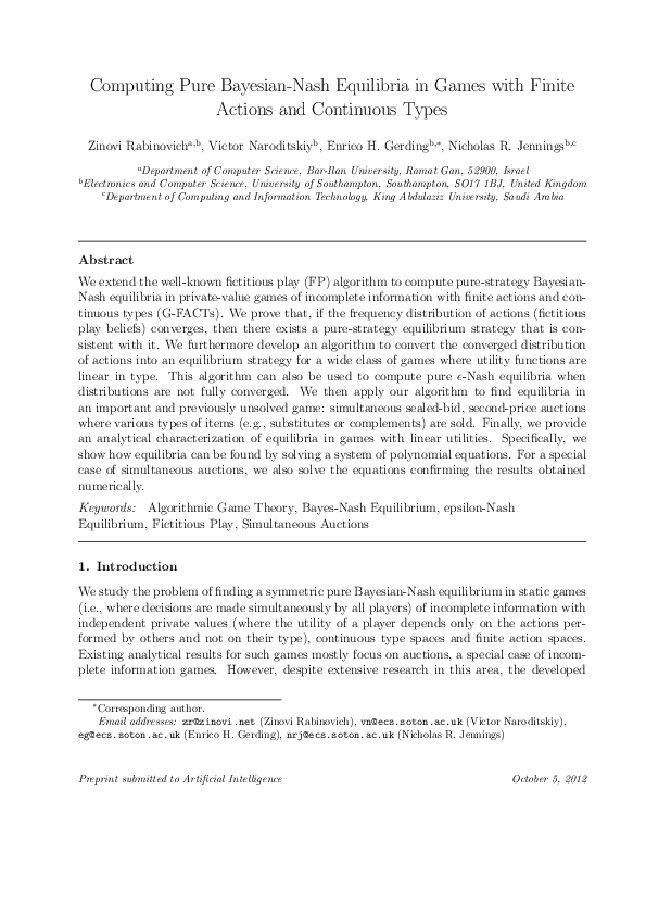 (PDF) Computing pure Bayesian-Nash equilibria in games with finite actions and continuous types