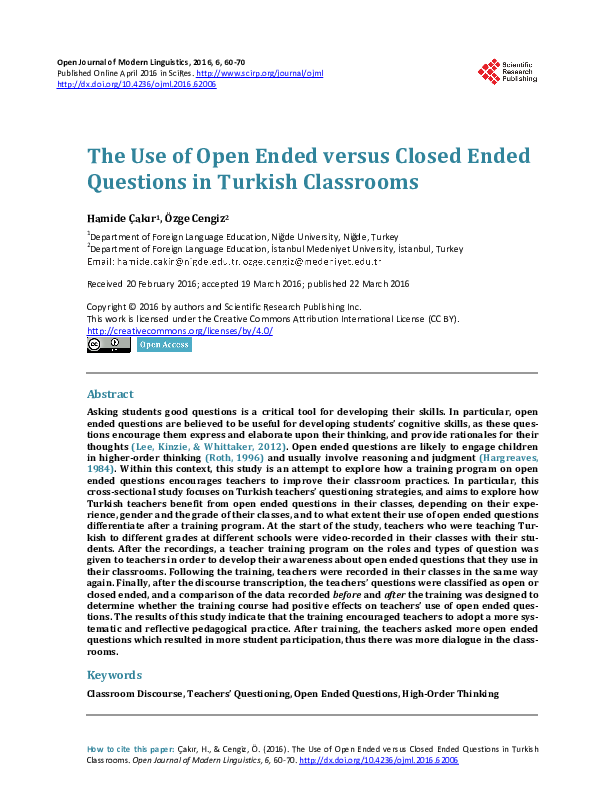 (PDF) The Use of Open Ended versus Closed Ended Questions in Turkish ...