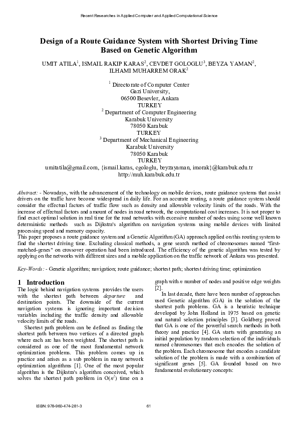 Pdf Design Of A Route Guidance System With Shortest Driving Time Based On Genetic Algorithm