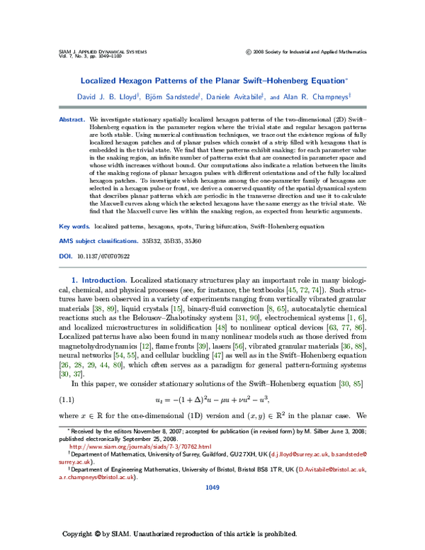 (PDF) Localized Hexagon Patterns of the Planar Swift–Hohenberg Equation