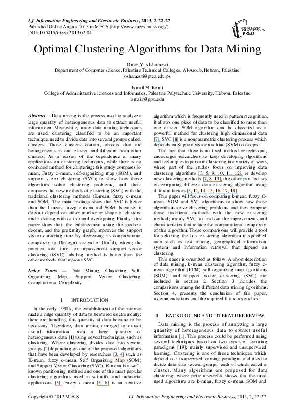 (PDF) Optimal Clustering Algorithms for Data Mining