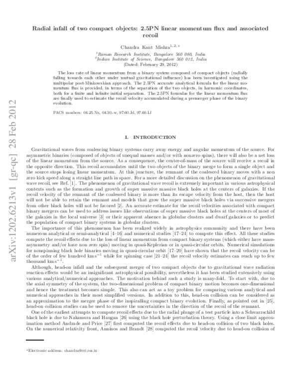 (PDF) Radial infall of two compact objects: 2.5-post-Newtonian linear momentum flux and ...