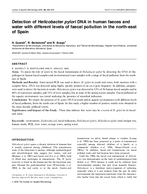 (PDF) Detection of Helicobacter pylori DNA in human faeces and water ...