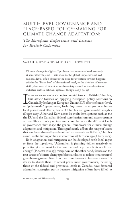 (PDF) Multi-Level Governance and Place-Based Policy-Making for Climate ...