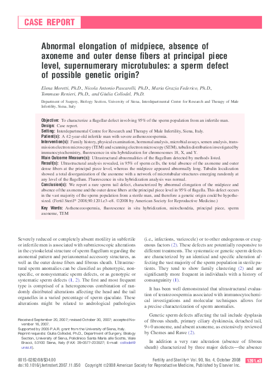 (PDF) Abnormal elongation of midpiece, absence of axoneme and outer ...