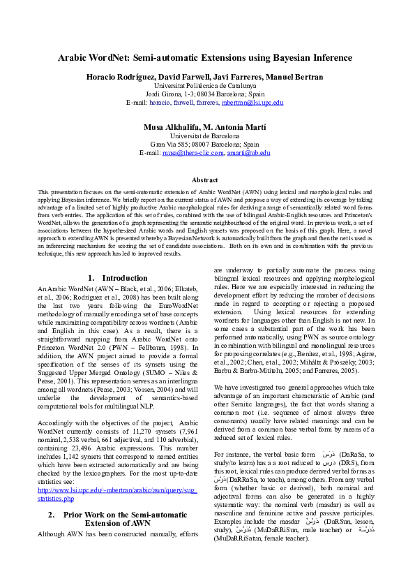Pdf Arabic Wordnet Semi Automatic Extensions Using Bayesian Inference