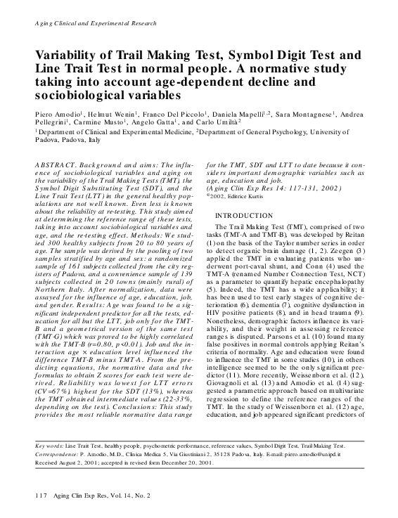 (PDF) Variability of Trail Making Test, Symbol Digit Test and Line ...