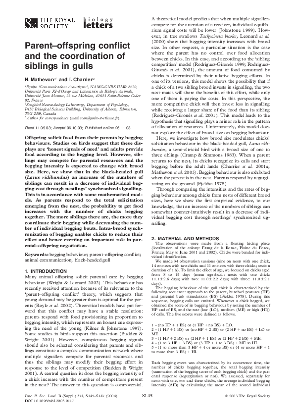 (PDF) Parent-offspring conflict and the coordination of siblings in gulls