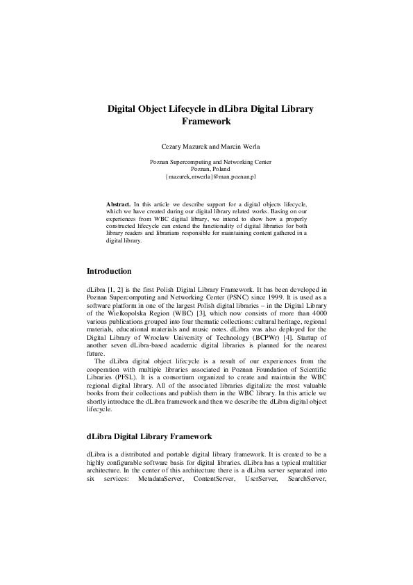 (PDF) Digital Object Lifecycle in dLibra Digital Library Framework