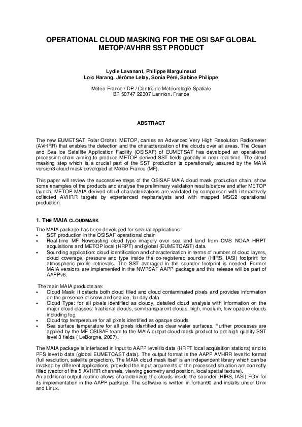 (PDF) Operational Cloud Masking for the Osi Saf Global Metop/Avhrr SST Product