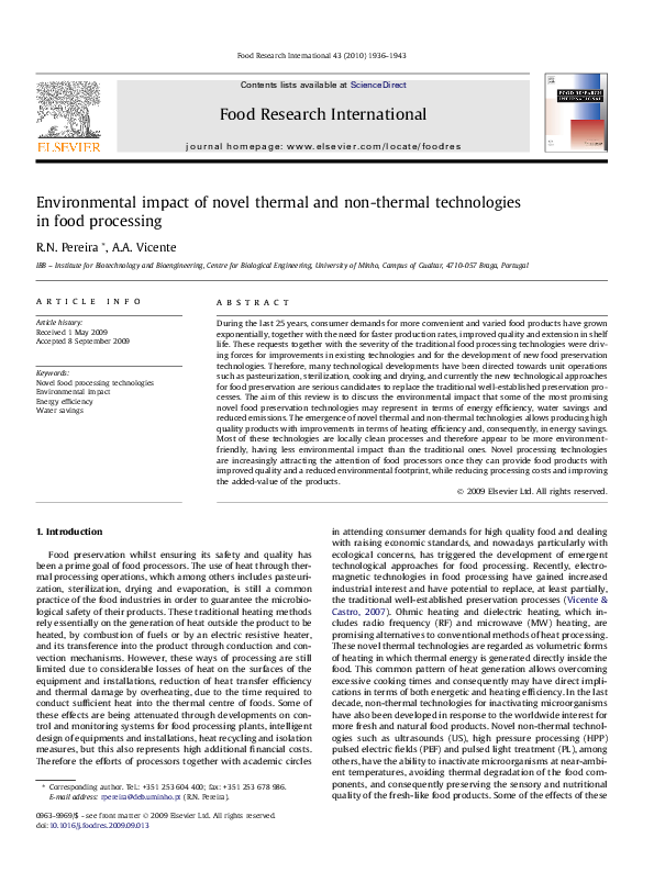 (PDF) Environmental impact of novel thermal and non-thermal technologies in food processing