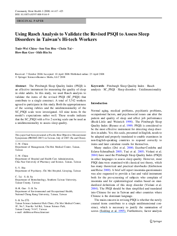 (PDF) Using Rasch Analysis to Validate the Revised PSQI to Assess Sleep Disorders in Taiwan’s Hi ...