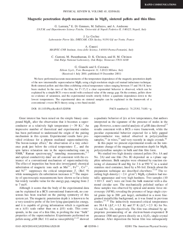 (PDF) Magnetic penetration depth measurements in MgB2 sintered pellets and thin films