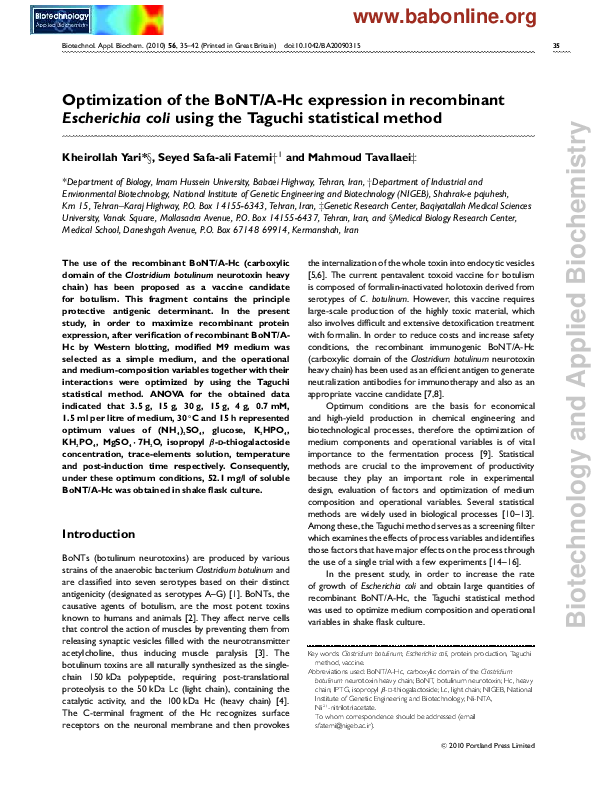 Pdf Optimization Of The Bonta Hc Expression In Recombinant