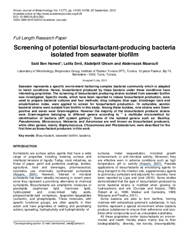 (PDF) Screening of potential biosurfactant-producing bacteria isolated from seawater biofilm