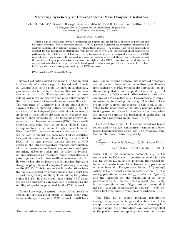 Pdf Predicting Synchrony In Heterogeneous Pulse Coupled Oscillators