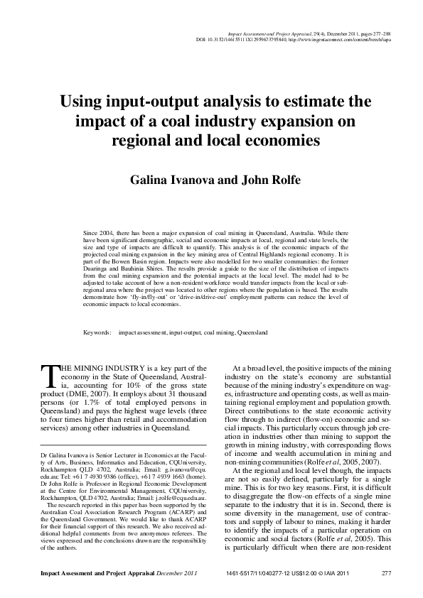 Pdf Using Input Output Analysis To Estimate The Impact Of A Coal