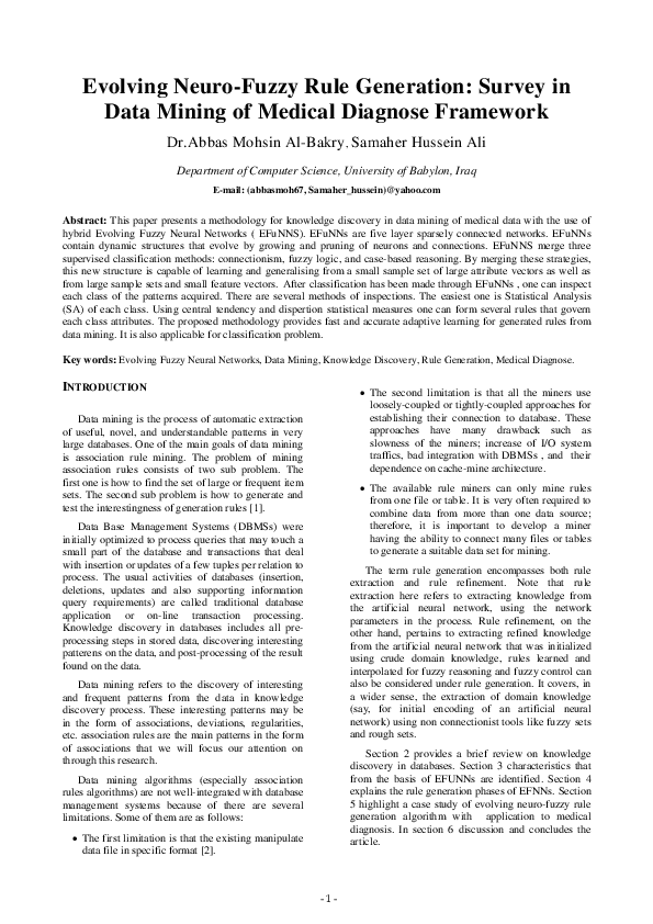 (PDF) Evolving Neuro-Fuzzy Rule Generation: Survey in Data Mining of Medical Diagnose Framework