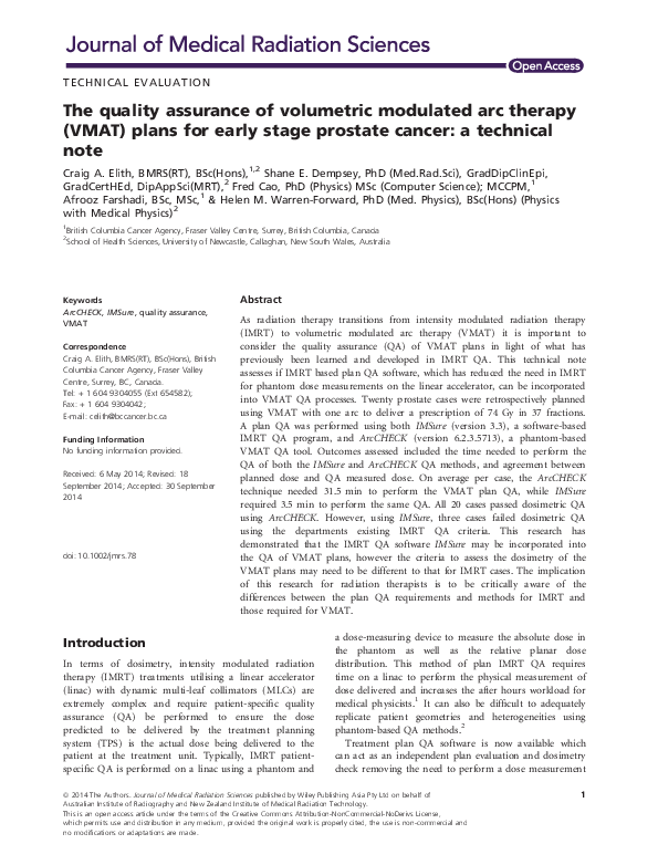 (PDF) The quality assurance of volumetric modulated arc therapy (VMAT ...