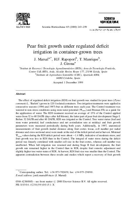 (PDF) Pear fruit growth under regulated deficit irrigation in container-grown trees