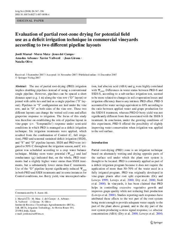Pdf Evaluation Of Partial Root Zone Drying For Potential Field Use As