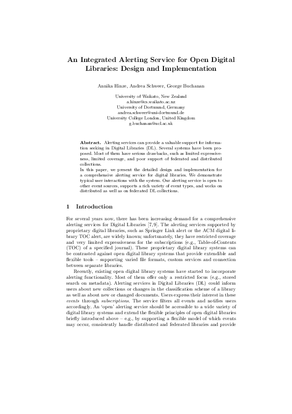 (PDF) An Integrated Alerting Service for Open Digital Libraries: Design ...