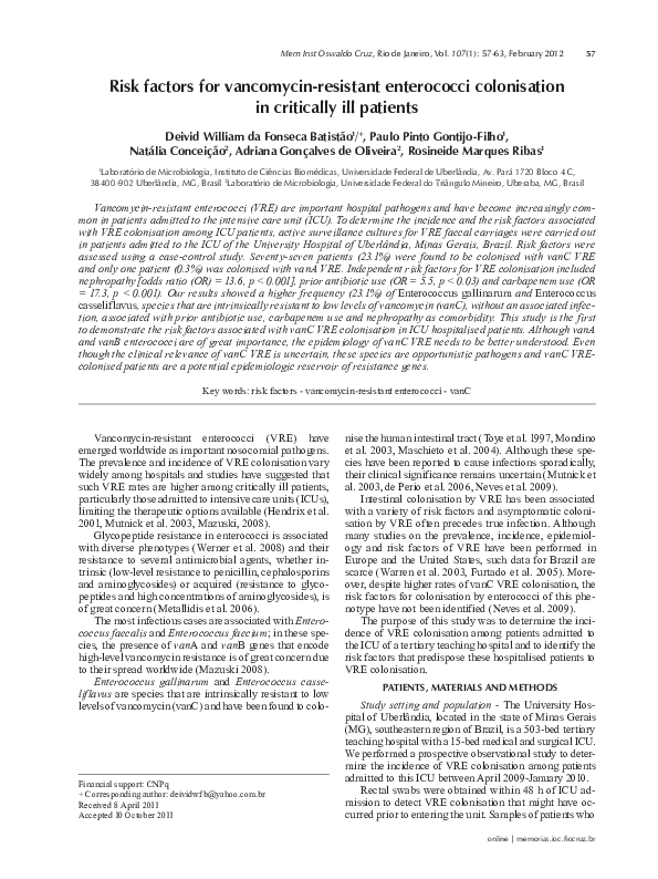 Pdf Risk Factors For Vancomycin Resistant Enterococcus Colonization In Hematologic Patients