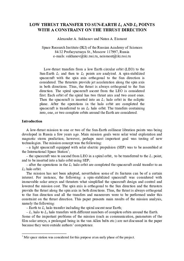(PDF) Low thrust transfer to Sun-Earth L1 and L2 points with a constraint on the thrust direction