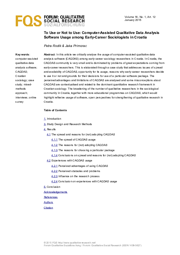 Pdf To Use Or Not To Use Computer Assisted Qualitative Data Analysis Software Usage Among