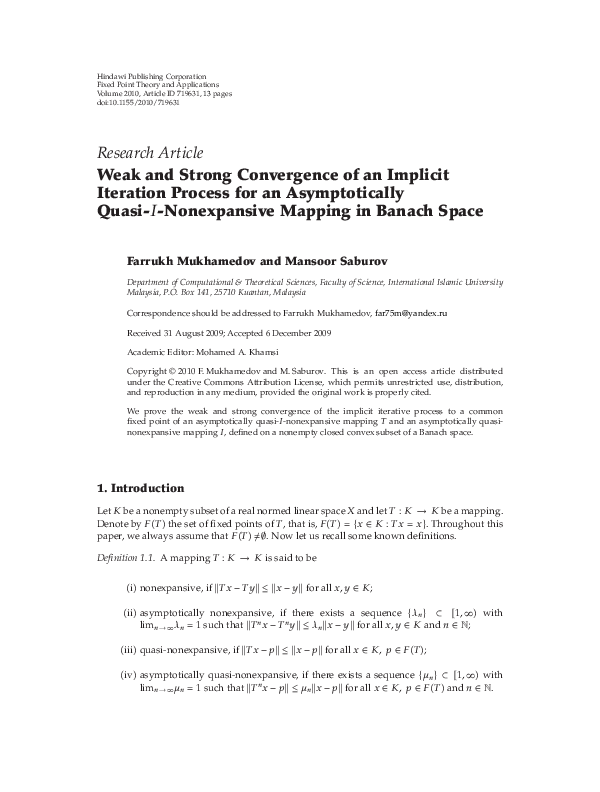 Pdf Weak And Strong Convergence Of An Implicit Iteration Process For An Asymptotically Quasi I