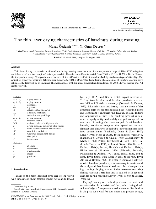 (PDF) The thin layer drying characteristics of hazelnuts during roasting