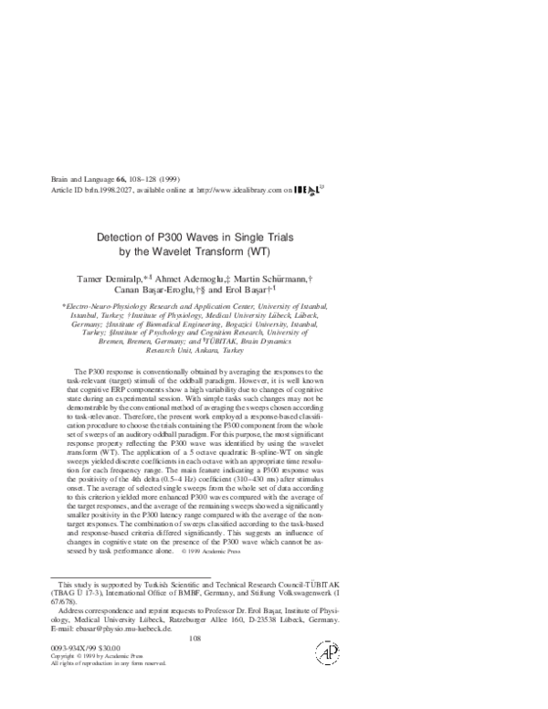 (PDF) Detection of P300 Waves in Single Trials by the Wavelet Transform (WT)