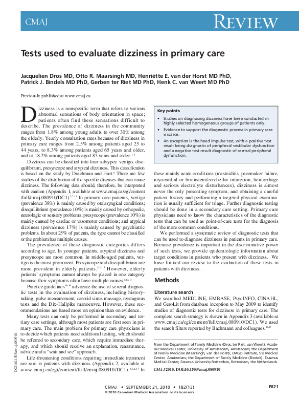 (PDF) Tests used to evaluate dizziness in primary care