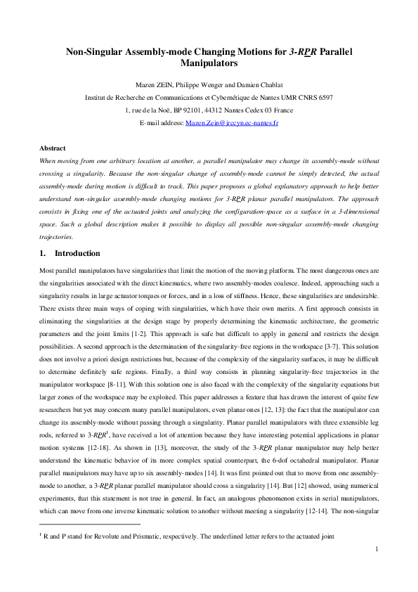 (PDF) Non-singular assembly-mode changing motions for 3-RPR parallel manipulators