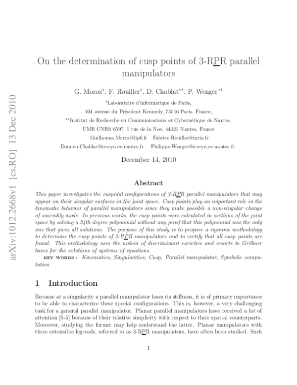 (PDF) On the determination of cusp points of 3-RPR parallel manipulators