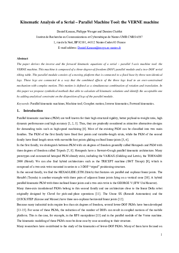 (PDF) Kinematic analysis of a serial–parallel machine tool: The VERNE machine | D. Chablat and ...