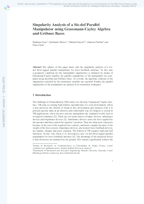 (PDF) Singularity analysis of a six-dof parallel manipulator using Grassmann-Cayley algebra and ...