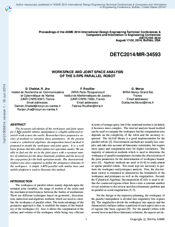 (PDF) Workspace and Joint Space Analysis of the 3-RPS Parallel Robot