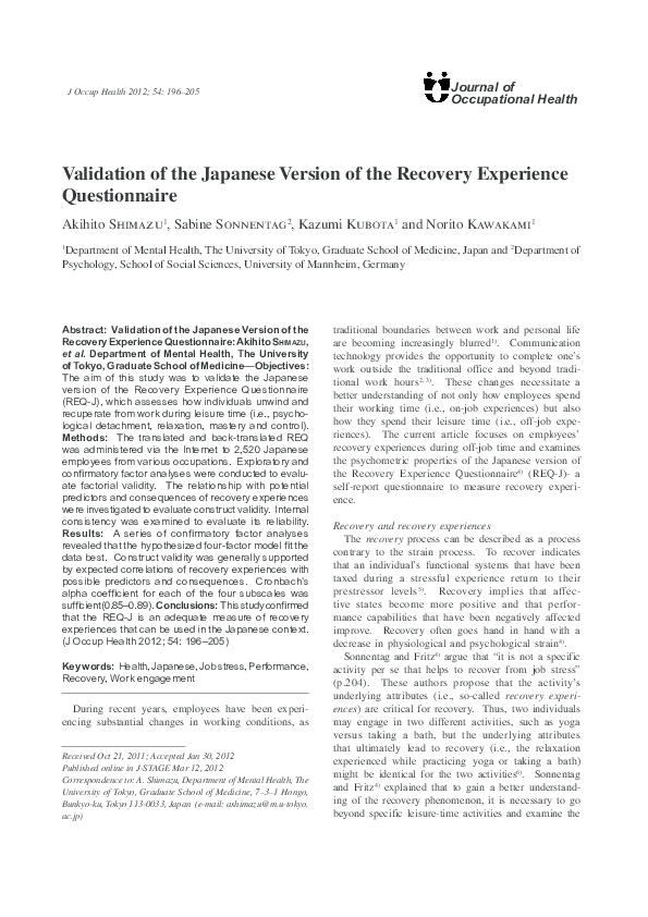 (PDF) Validation of the Japanese Version of the Recovery Experience ...