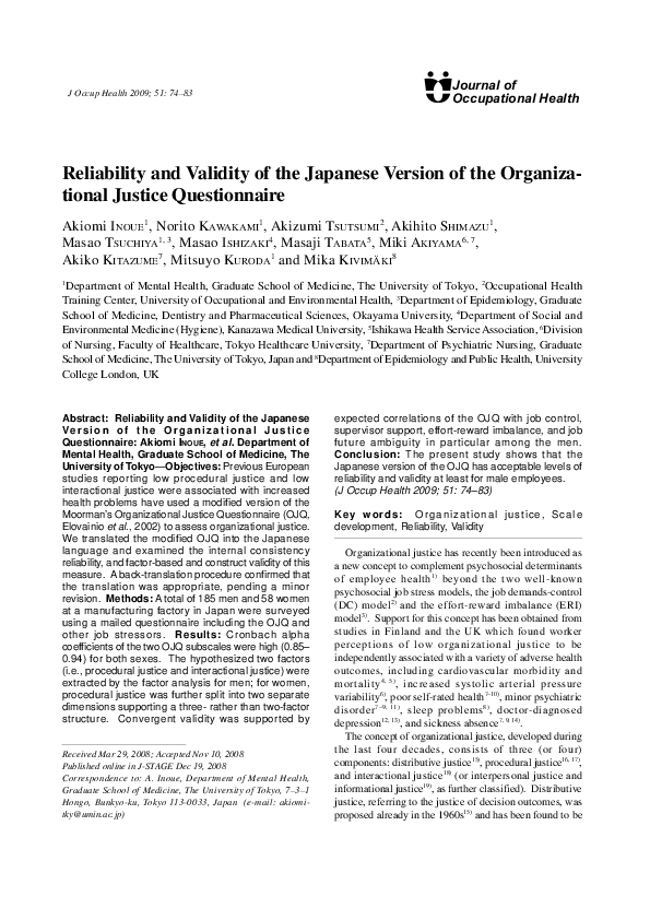 (PDF) Reliability and Validity of the Japanese Version of the Organizational Justice Questionnaire