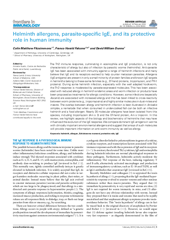 (PDF) Helminth Allergens, Parasite-Specific IgE, and Its Protective ...