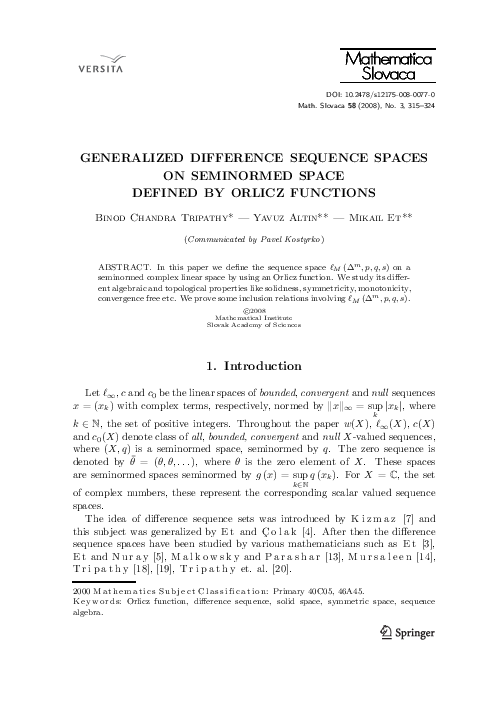 Pdf Generalized Difference Sequence Spaces On Seminormed Space Defined By Orlicz Functions 